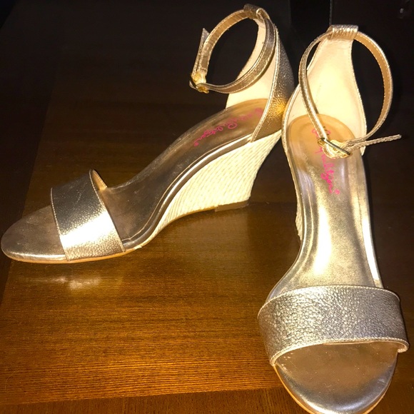 Lilly Pulitzer | Shoes | Lilly Pulitzer Gold Bridgette Wedge Heels ...